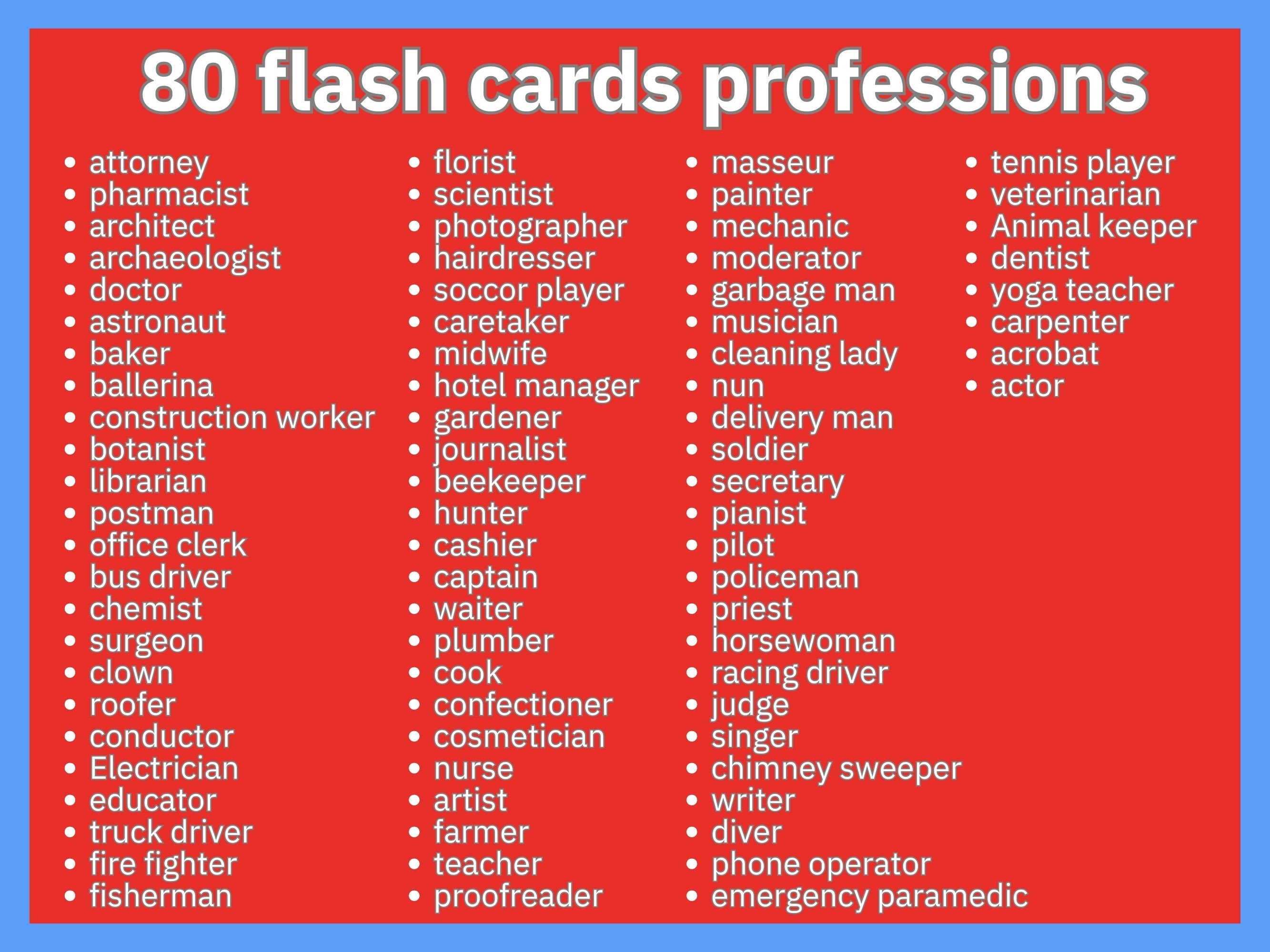 80 Professions Cards Flash Cards for Learning Professions, Occupation ...