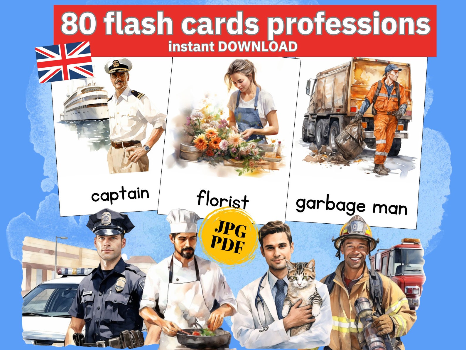 80 Professions Cards Flash Cards for Learning Professions, Occupation ...