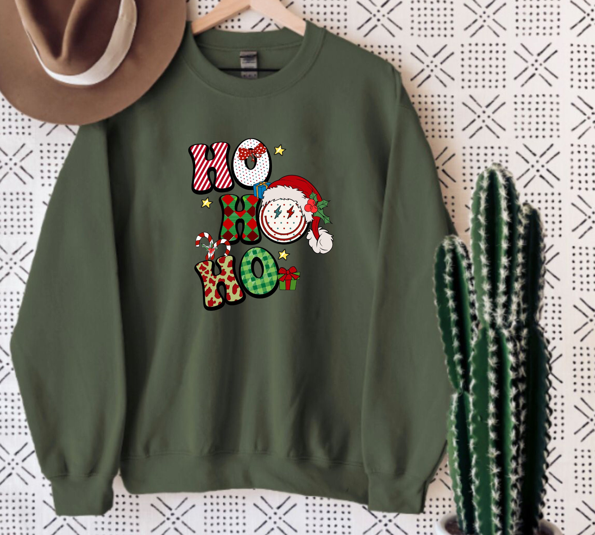 Ho Ho Ho Smiley Face Christmas Sweatshirt, Retro Santa Emoji Cute ...