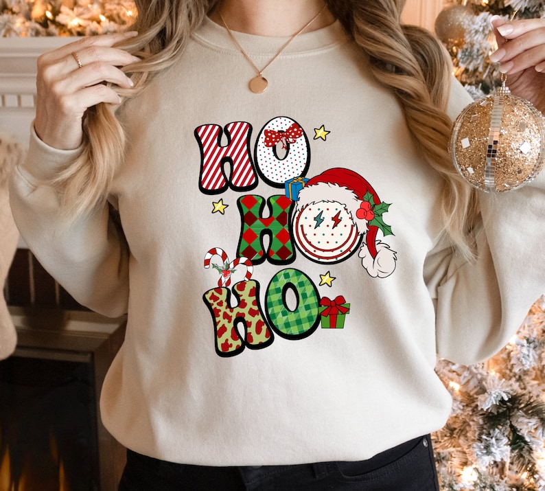 Ho Ho Ho Smiley Face Christmas Sweatshirt, Retro Santa Emoji Cute ...