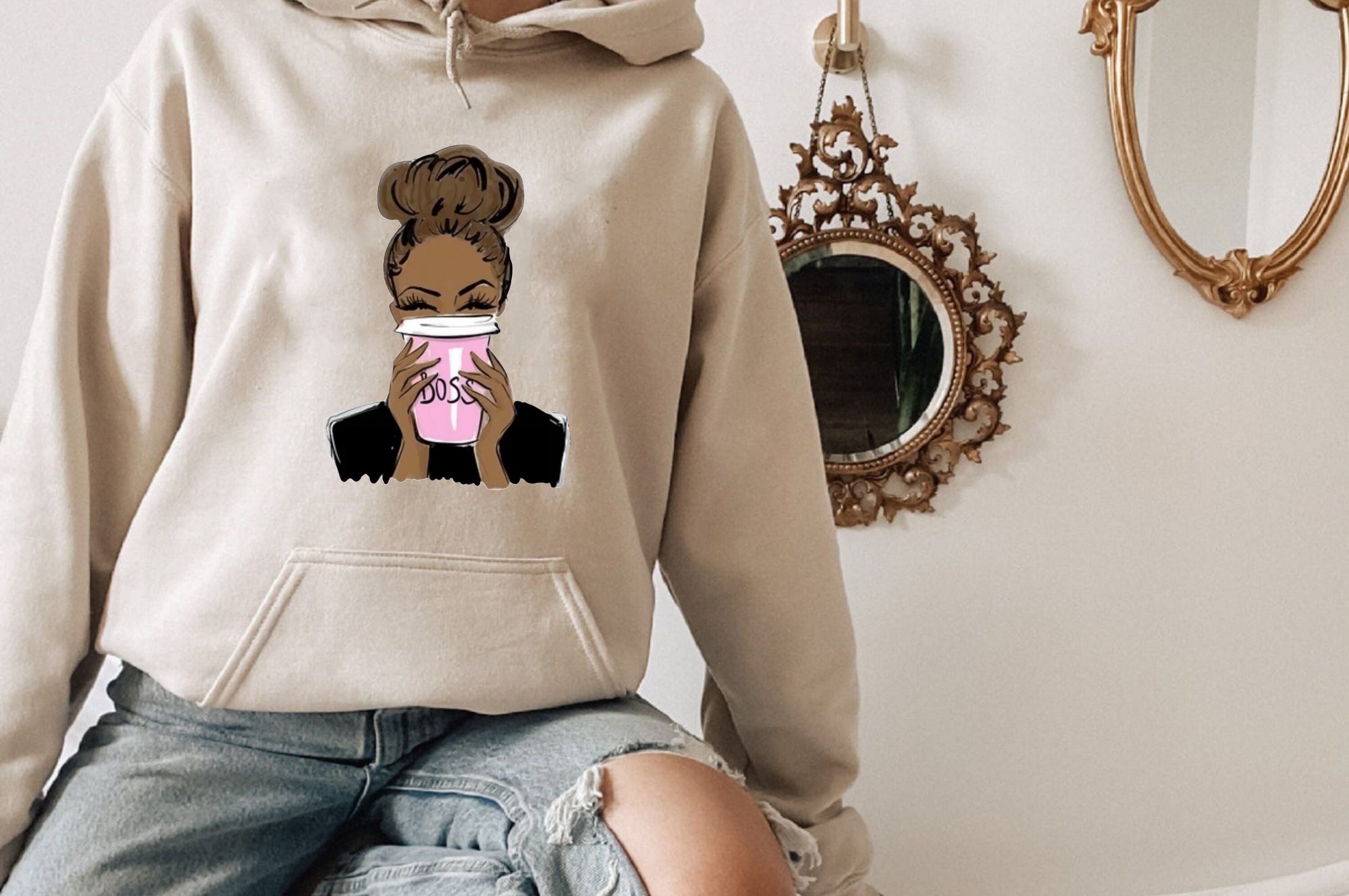 Boss Lady Hoodie Coffee Drinking Boss Girl Sweater Messy Bun | Etsy