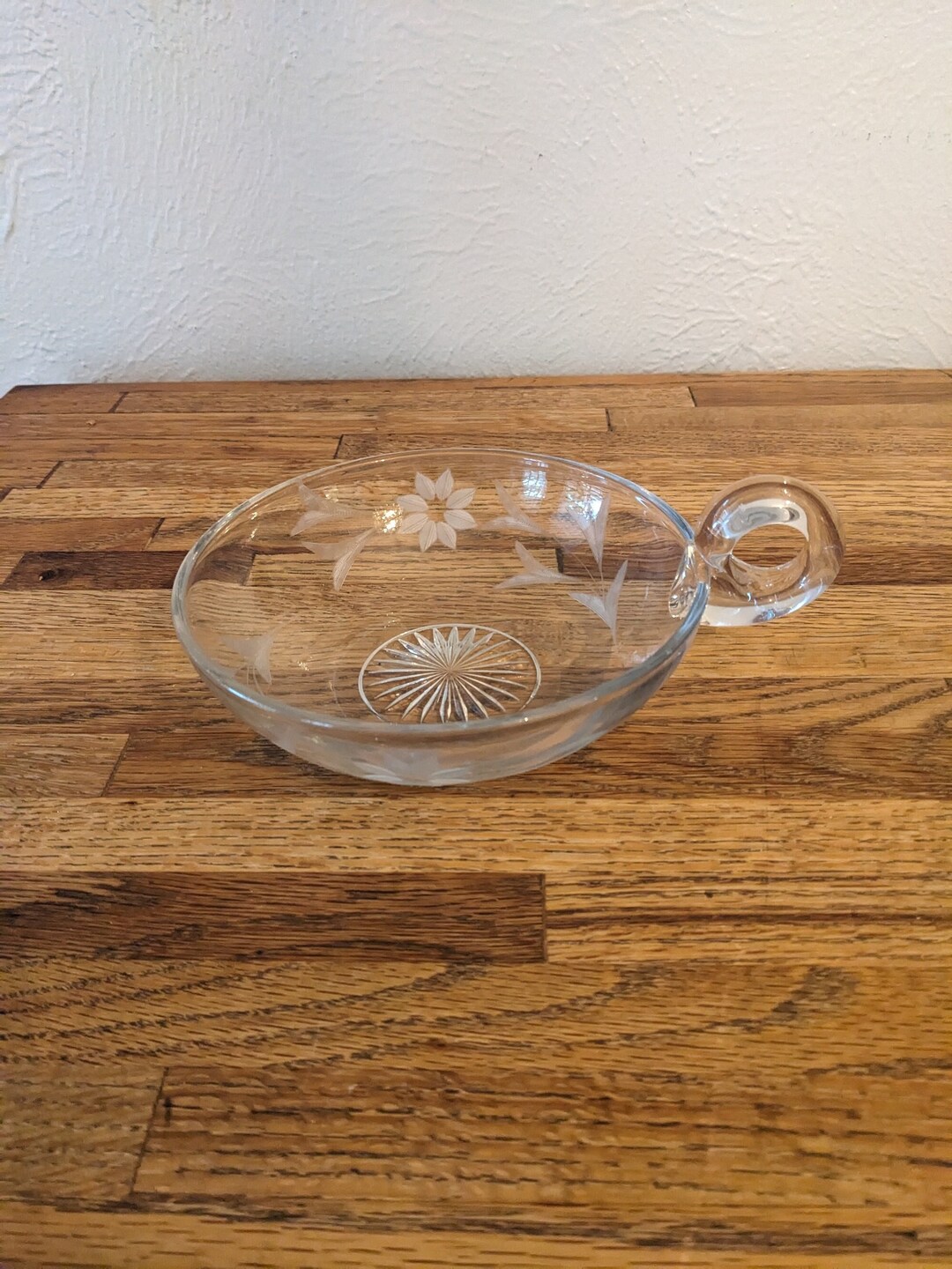 Vintage 6" Round Floral Etched Cut Glass Dish With Handle - Etsy