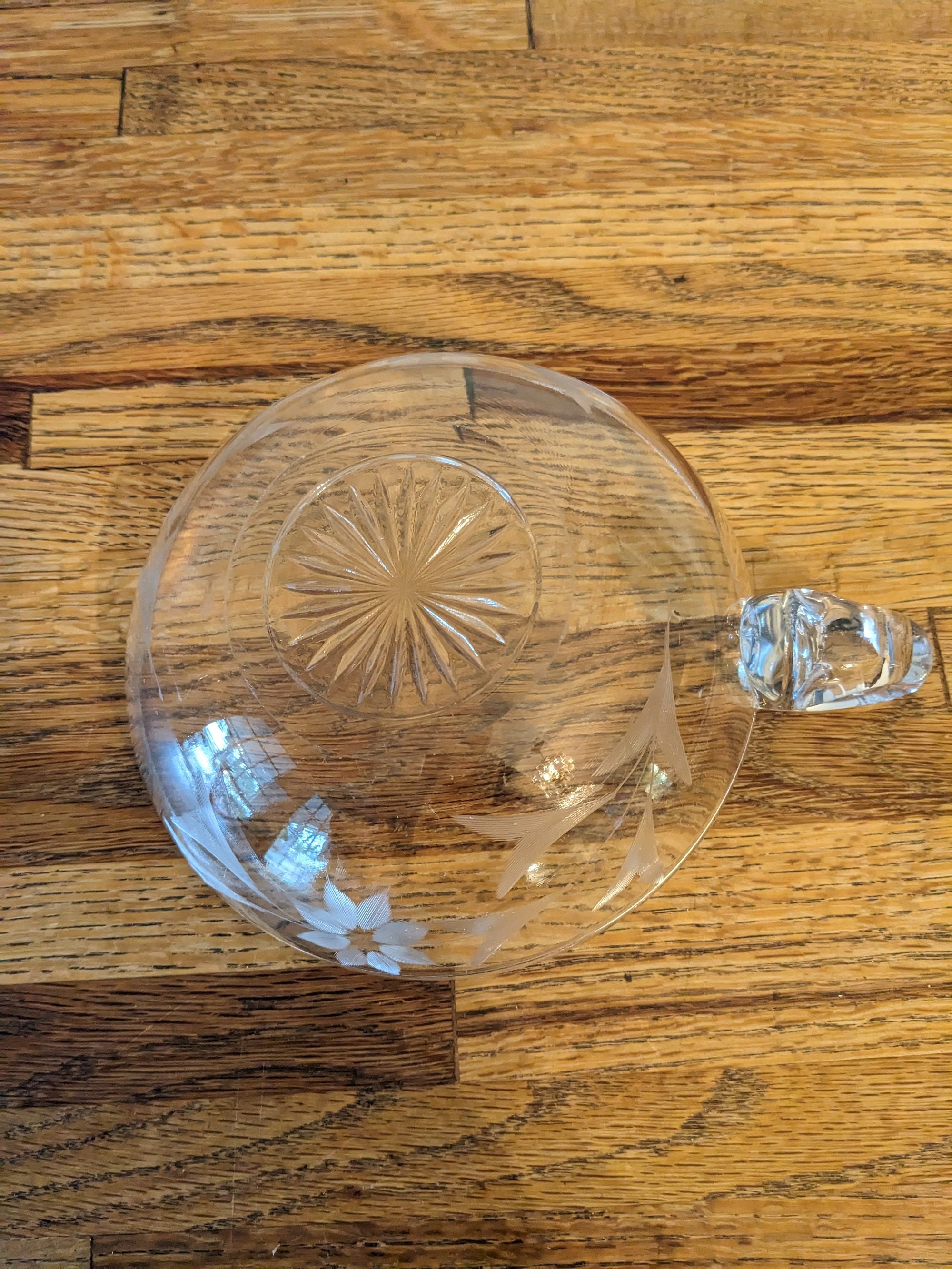Vintage 6" Round Floral Etched Cut Glass Dish With Handle - Etsy