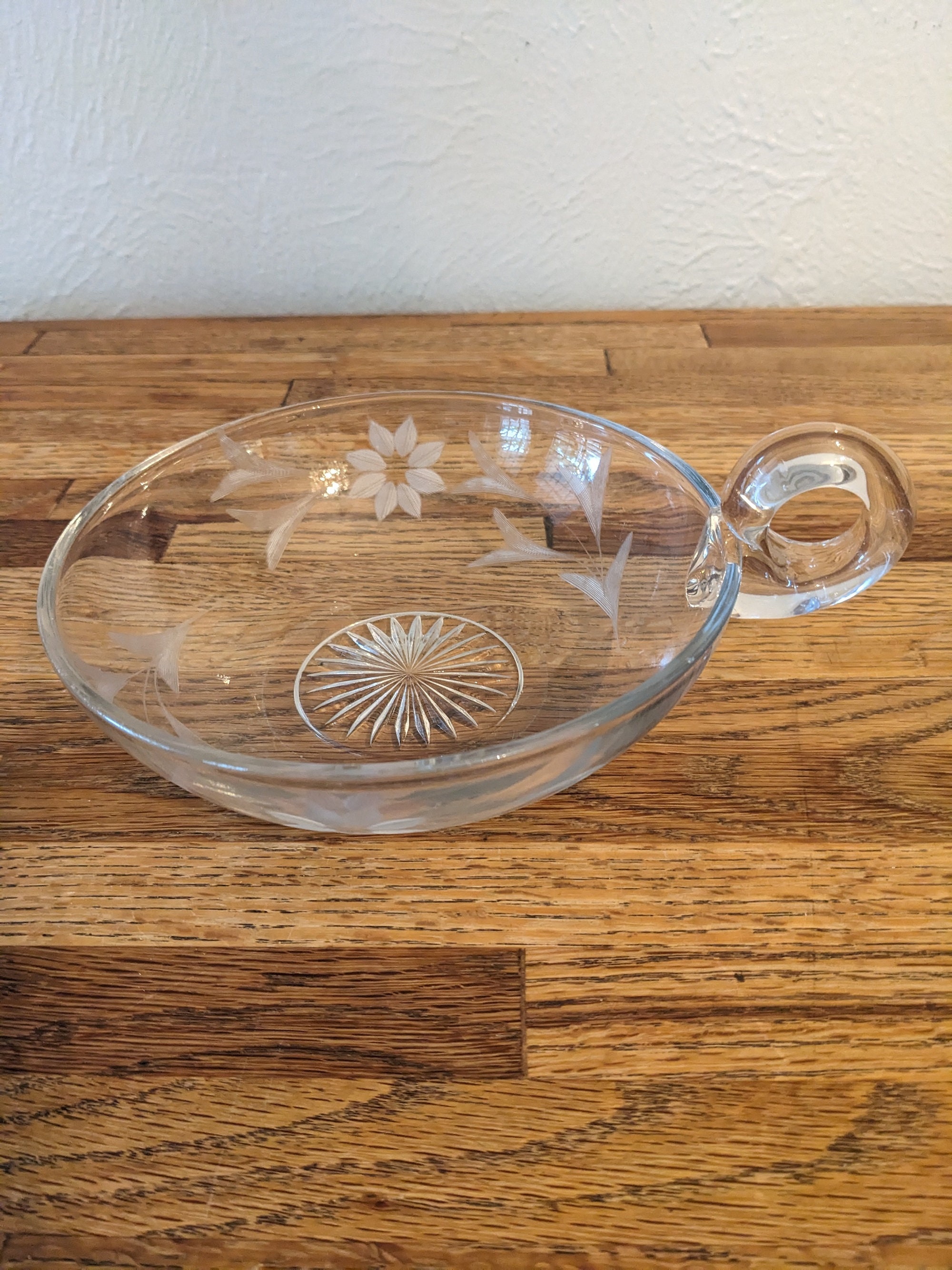 Vintage 6" Round Floral Etched Cut Glass Dish With Handle - Etsy