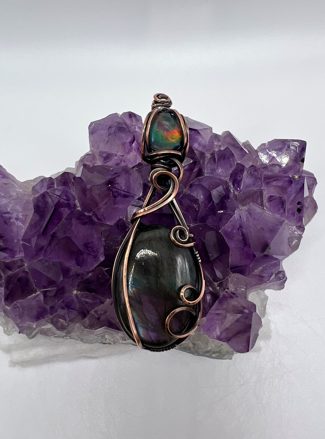 Aurora Opal and Labradorite Wire Wrapped With Copper Pendant - Etsy