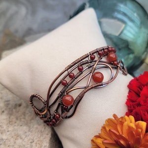 Copper Carnelian Cuff Bracelet, Rustic Wire Wrapped Gemstone Bangle, Wide Wrist Cuff, Handmade ...