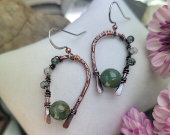 Moss Agate Copper Earrings Boho Copper Gemstone Dangle Drop Swirl - Etsy