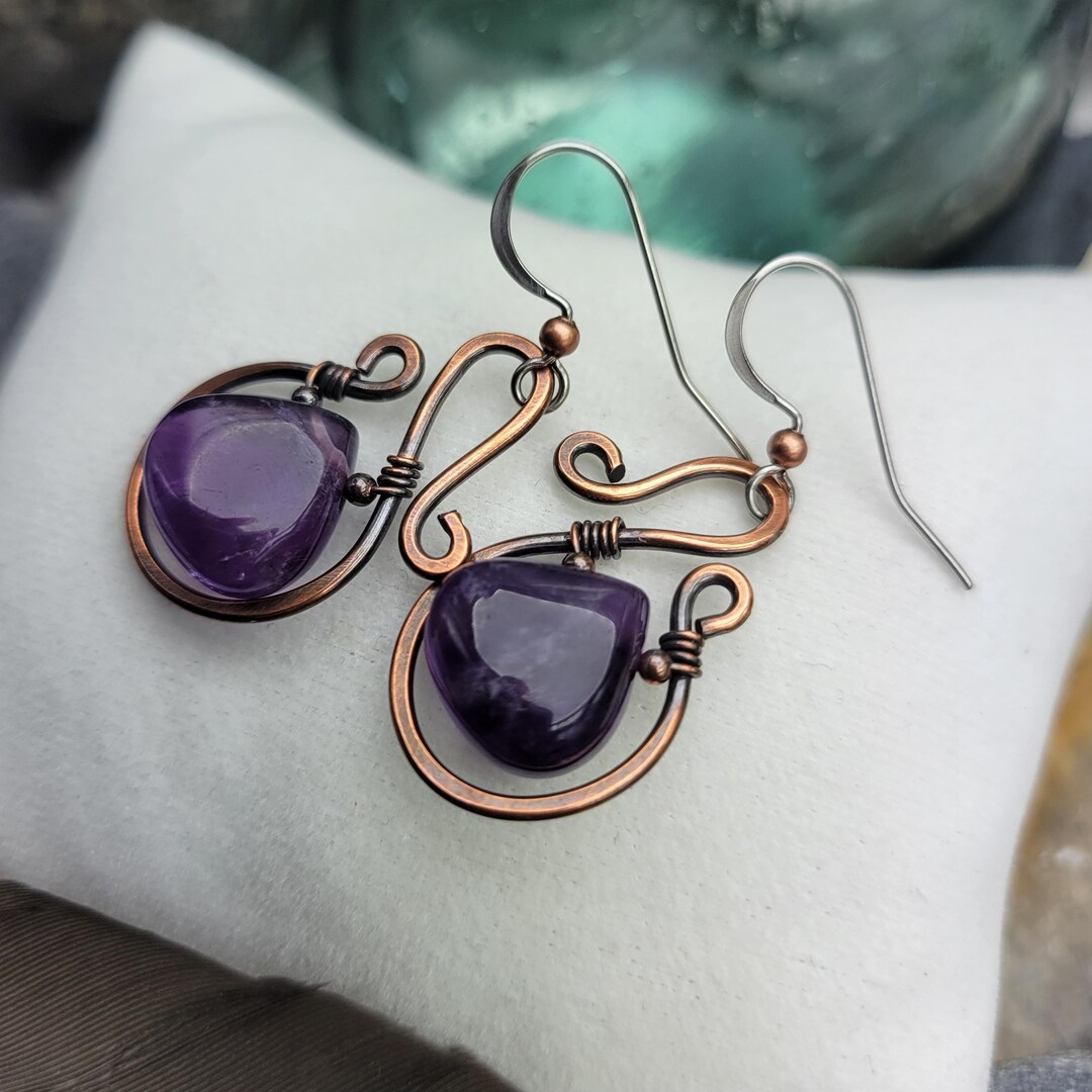 Amethyst Copper Wire Teardrop Earrings, Rustic Boho Oxidized Dangle ...