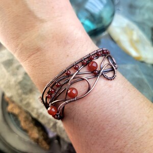 Copper Carnelian Cuff Bracelet, Rustic Wire Wrapped Gemstone Bangle, Wide Wrist Cuff, Handmade ...