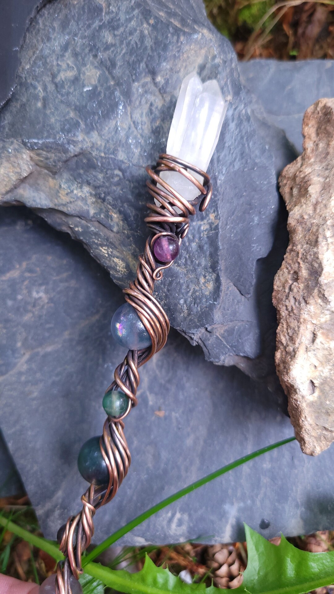 Rainbow Flourite Magic Travel Wand With Quartz Point and Rustic ...