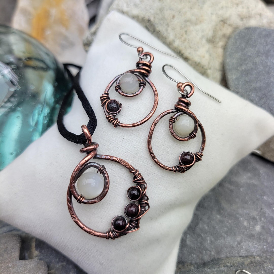 Handmade Moonstone Garnet Copper Jewelry Set: Rustic Wire Wrap - Etsy
