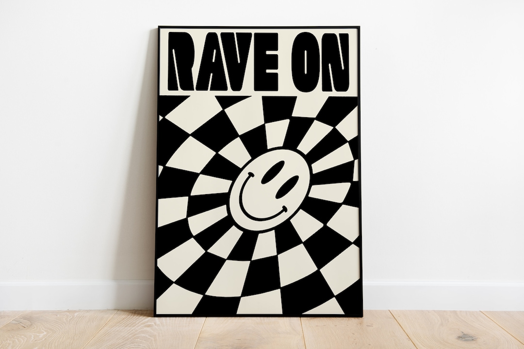 RAVE ON Acid House Smiley Face Print | 90s Rave Poster | Positive Wall ...