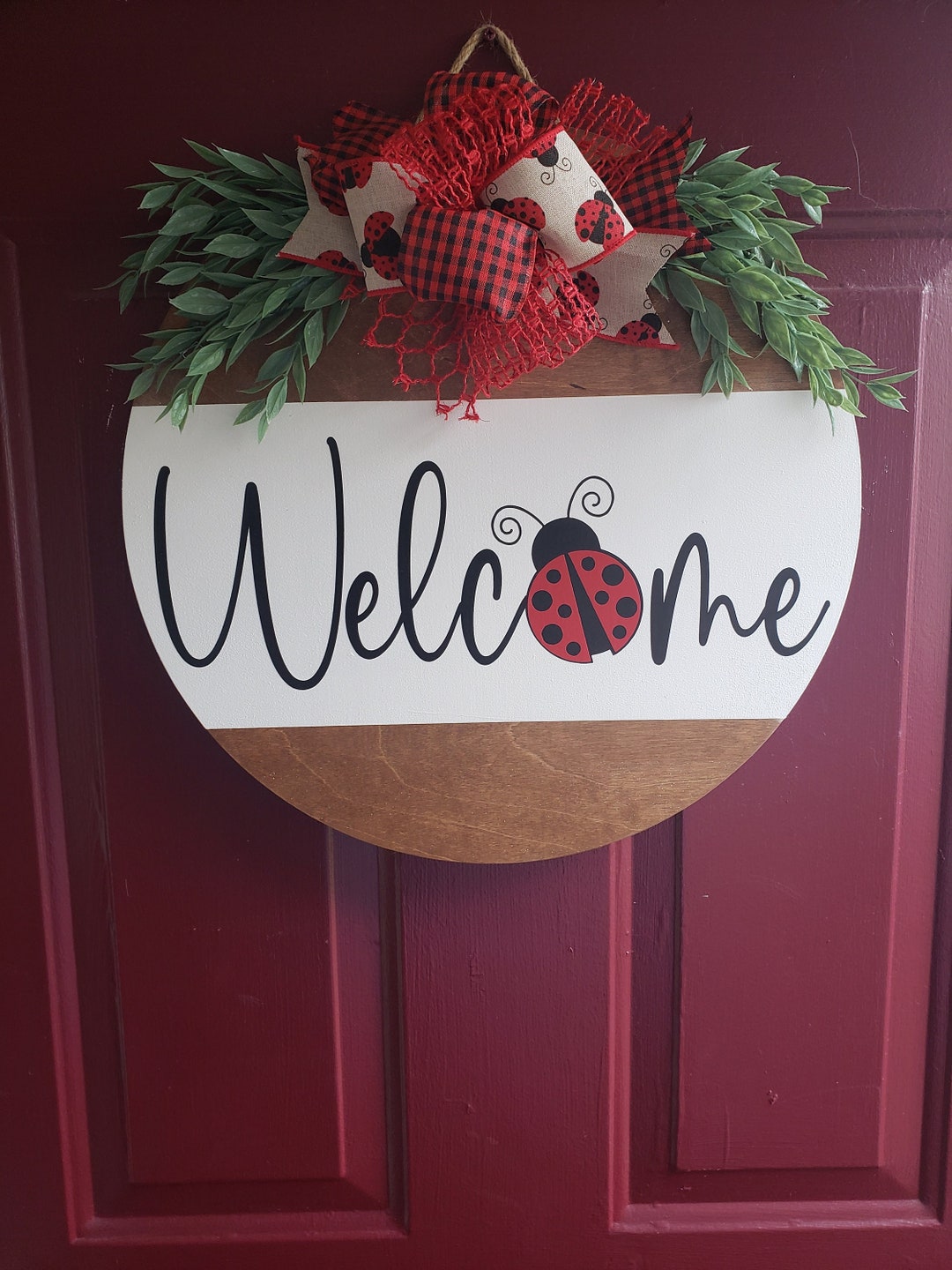 Welcome Door Hanger Ladybug Door Wreath Ladybug Decor Welcome Sign ...