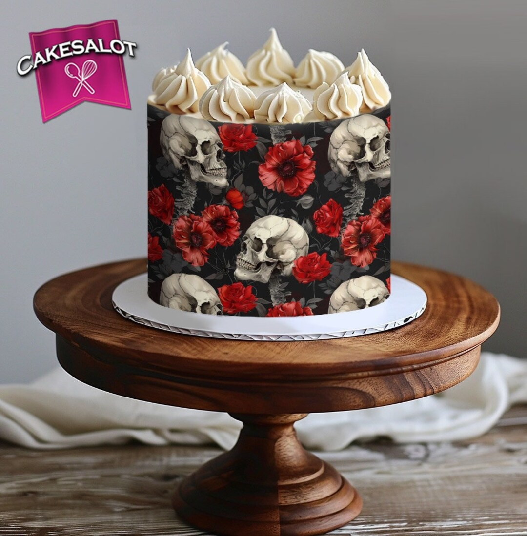 Gothic Skulls Red Flowers Pretty Edible Print Cake Wrap Black Icing ...