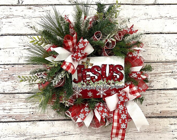 Jesus Wreath for Front Door, Red and White Christmas Decor With ...