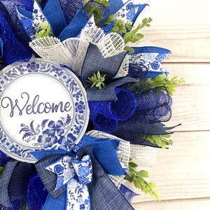 Welcome Wreath for Front Door, Blue Chinoiserie Print Door Hanger ...