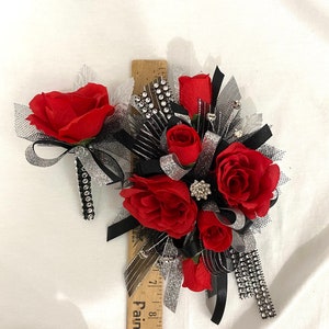 Red Wrist Corsage for Prom, Red and Black Corsage and Boutonniere Set ...
