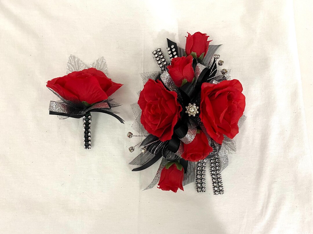 Red Wrist Corsage for Prom, Red and Black Corsage and Boutonniere Set ...