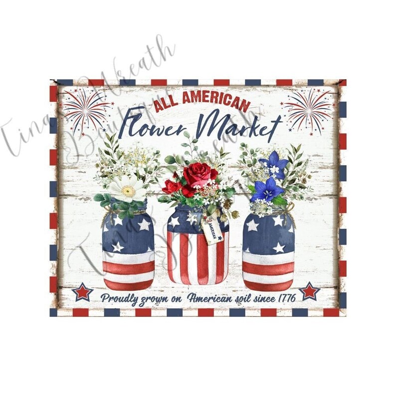 Patriotic Flower Market Sign for Wreath, Red White and Blue Shelf Decor ...