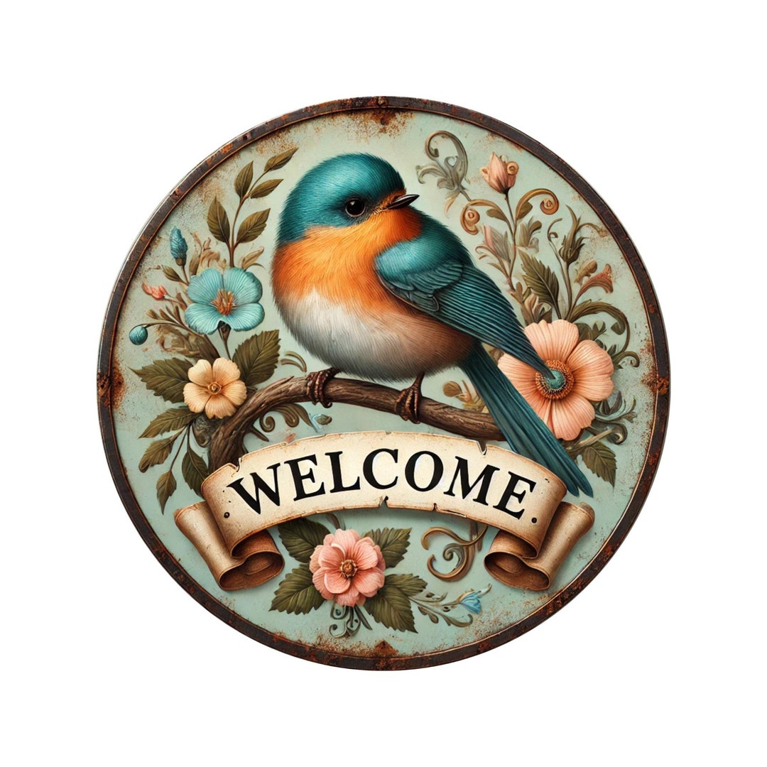 Welcome Vintage Chubby Bird Sign for Wreaths, Blue Welcome Aluminum ...