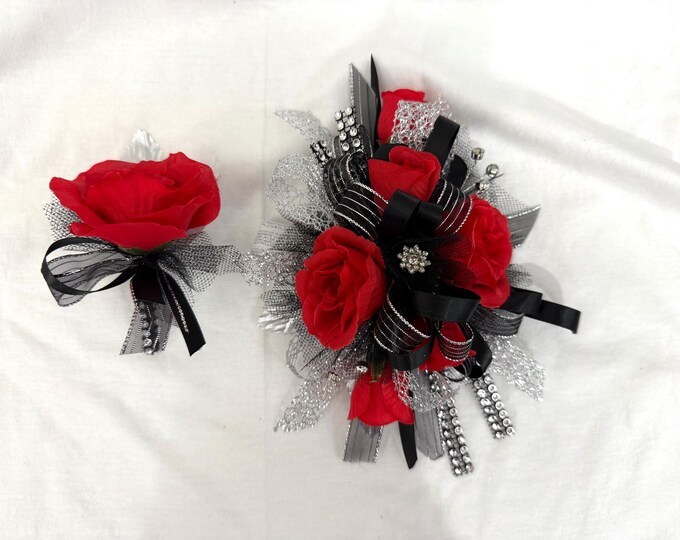 Red Wrist Corsage for Prom, Red and Black Corsage and Boutonniere Set ...