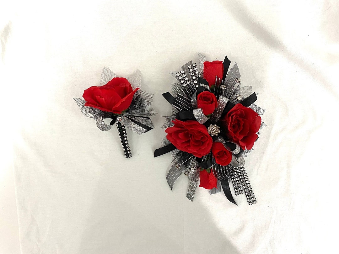 Red Wrist Corsage for Prom, Red and Black Corsage and Boutonniere Set ...