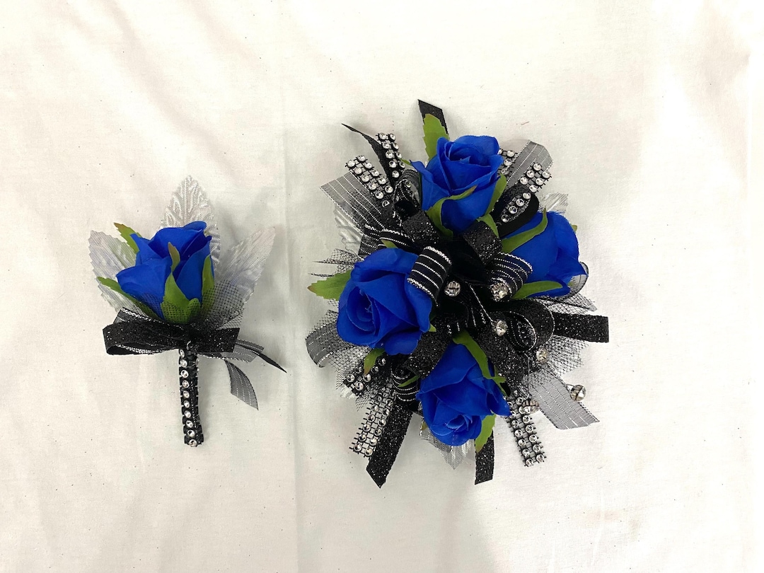 Royal Blue Corsage for Prom, Blue and Black Corsage and Boutonniere Set ...