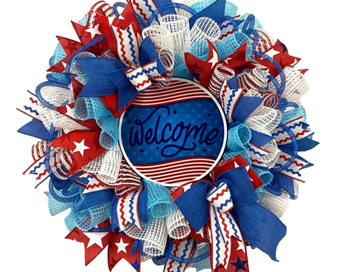 Red White and Blue Welcome Wreath for Front Door, Unique Blue Gifts for ...