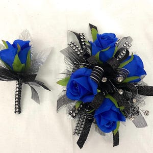 Royal Blue Corsage for Prom, Blue and Black Corsage and Boutonniere Set ...