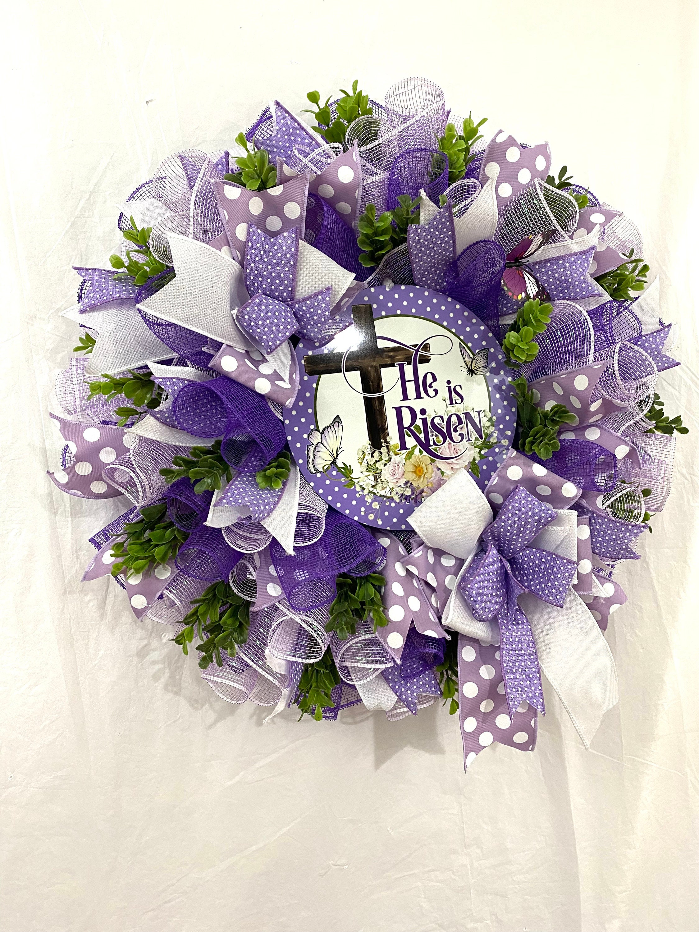 Purple Religious Wreath for Front Door He is Risen Sign - Etsy