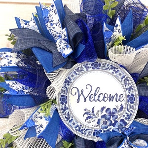 Welcome Wreath for Front Door, Blue Chinoiserie Print Door Hanger ...