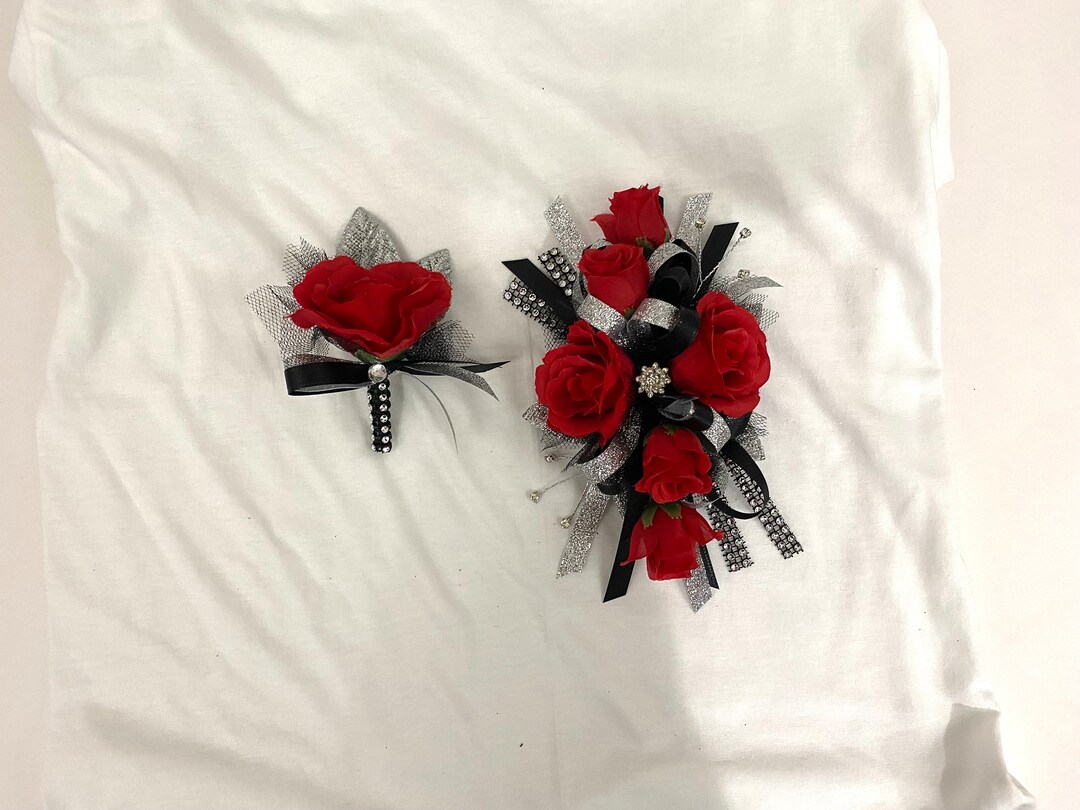 Red Wrist Corsage for Prom, Red and Black Corsage and Boutonniere Set ...