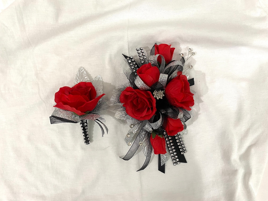 Red and Silver Wrist Corsage for Prom, Red and Black Corsage and ...