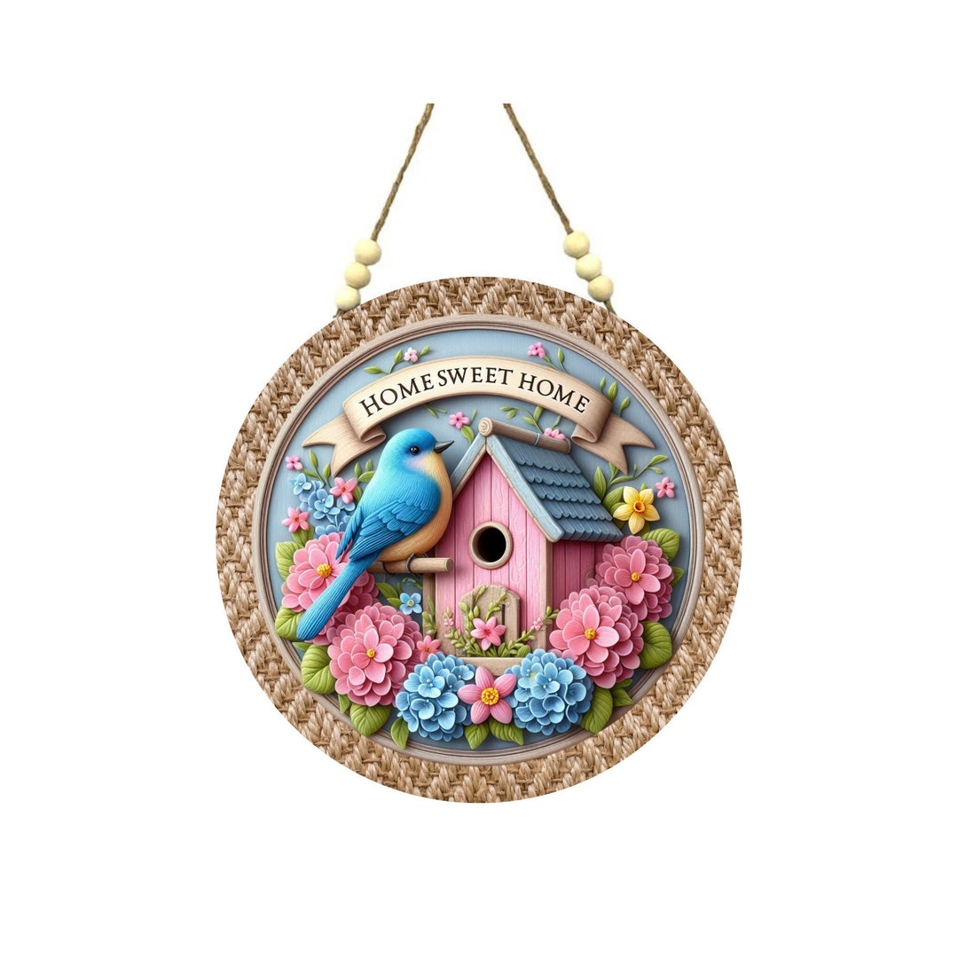 Home Sweet Home Bird Wall Hanging Sign, Floral Home Decor, Blue and ...