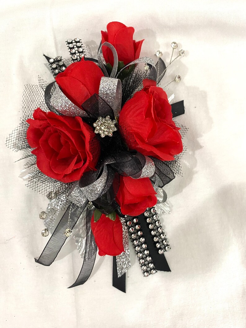 Red and Silver Wrist Corsage for Prom, Red and Black Corsage and ...