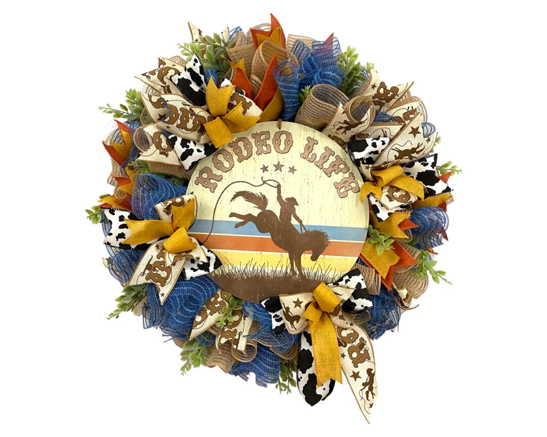 Western Rodeo Wreath for Front Door, Door Hanger With Cow Print, Rustic ...