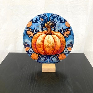Blue Orange Pumpkin Sign for Wreath, Fall Decoration for Shelf, Round ...