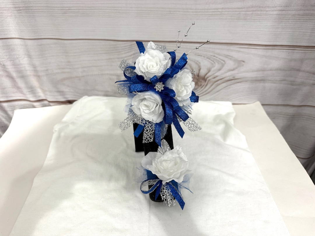 Royal Blue Wrist Corsage and Boutonniere Set for Prom, Blue and White ...