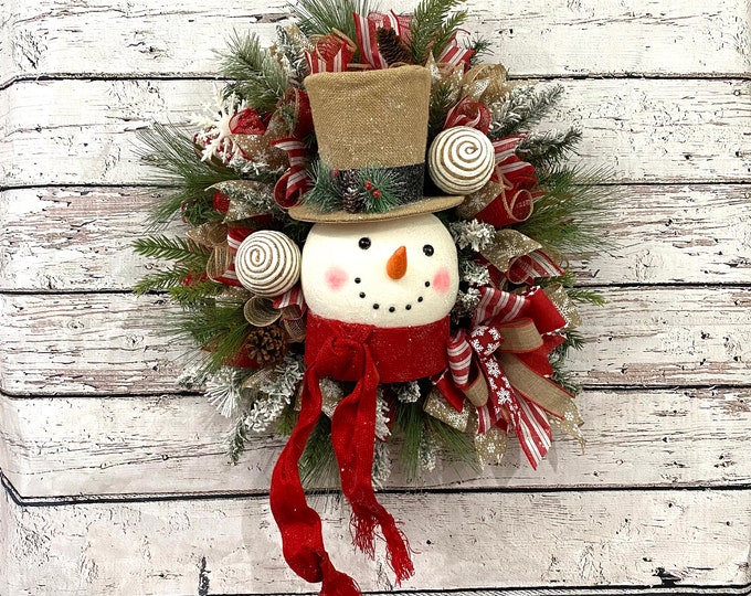 Rustic Snowman Wreath for Front Door, Winter Snowflake Decor for Front ...