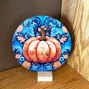 Blue Orange Pumpkin Sign for Wreath, Fall Decoration for Shelf, Round ...