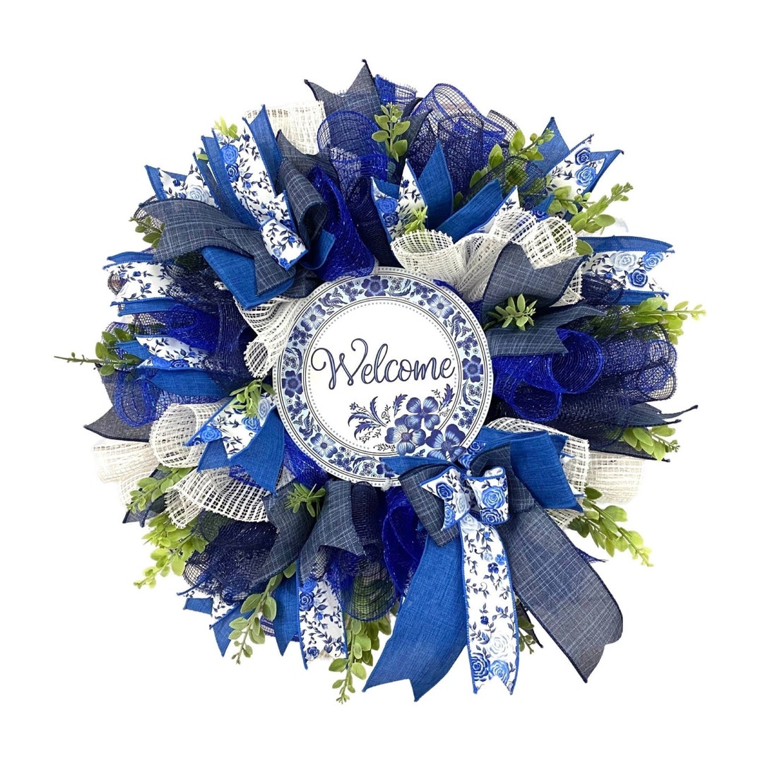 Welcome Wreath for Front Door, Blue Chinoiserie Print Door Hanger ...
