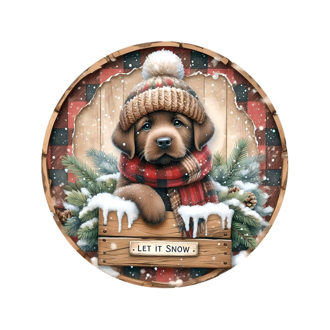 Lab Puppy Winter Sign: Christmas Plaid Aluminum Wreath Center, Holiday ...