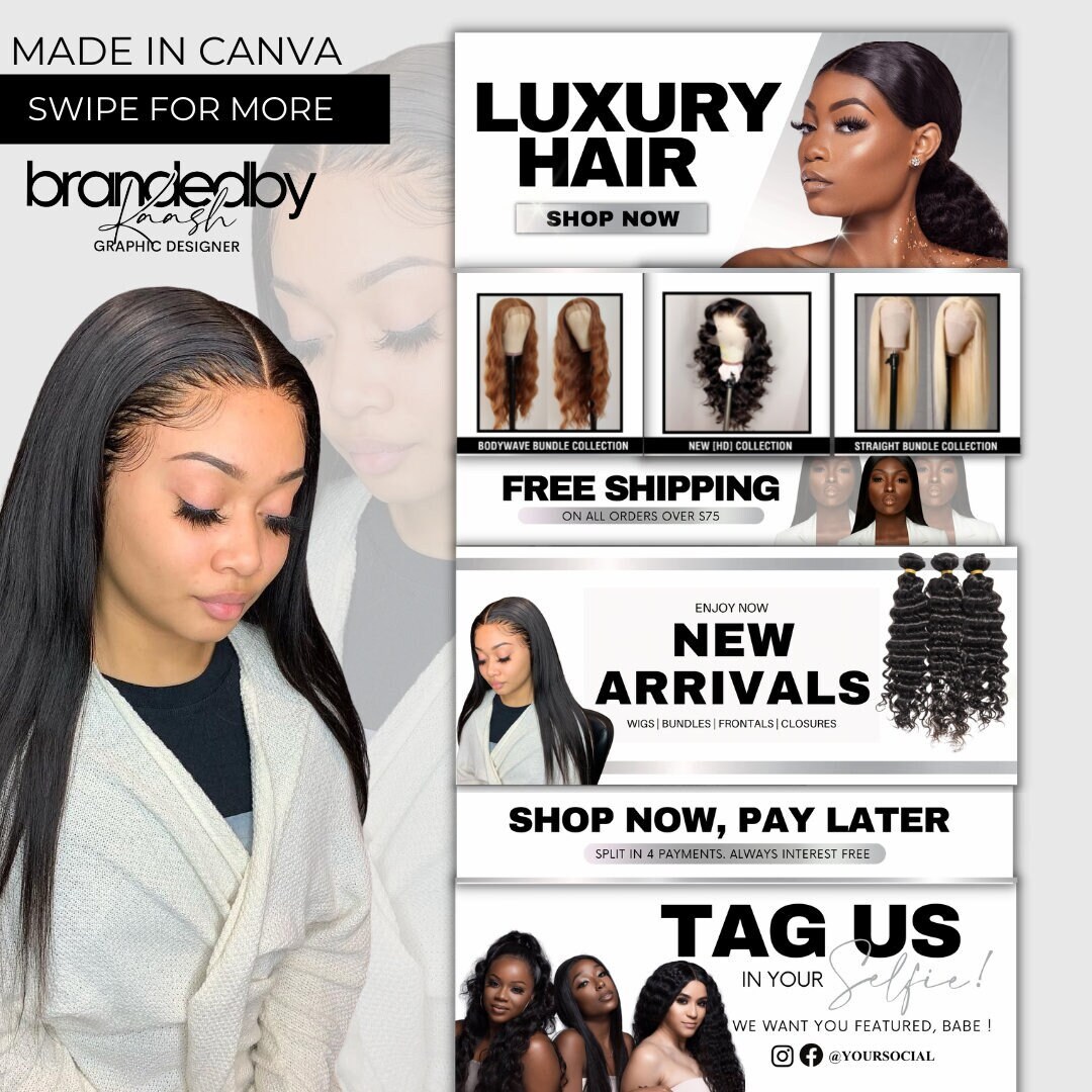 Silver Metallic Hair Website Banner Kit, Editable in Canva, Category ...