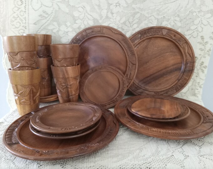 1960s 70s Monkey Pod Wood Plates Cups Hand Carved Dinnerware 4 Place ...