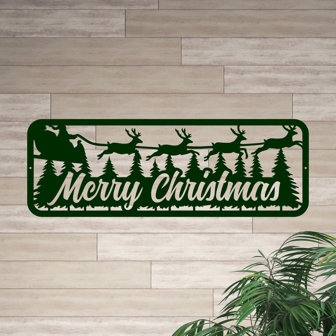 Merry Christmas Sign, Santa Reindeer Sign, Evergreen Trees Metal Sign ...