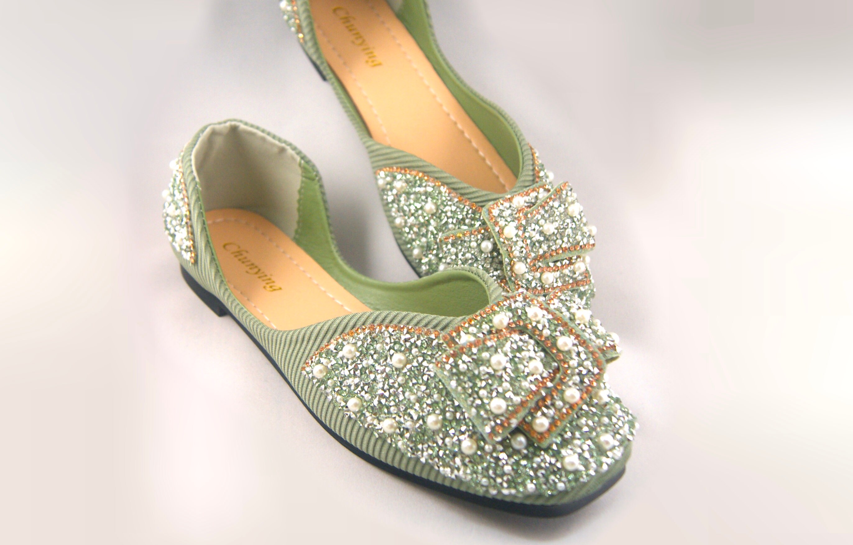 The Pearled And Bejeweled Ballet Flat Blinged Out Yet Laid Back Super Cute Slip On Shoe In Green