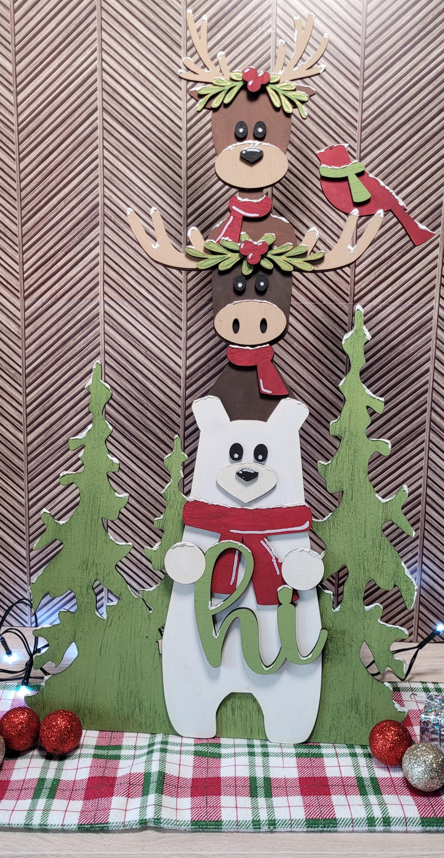 3D Stacked Polar Bear Moose Deer With Cardinal Bird Wooden Sign With ...