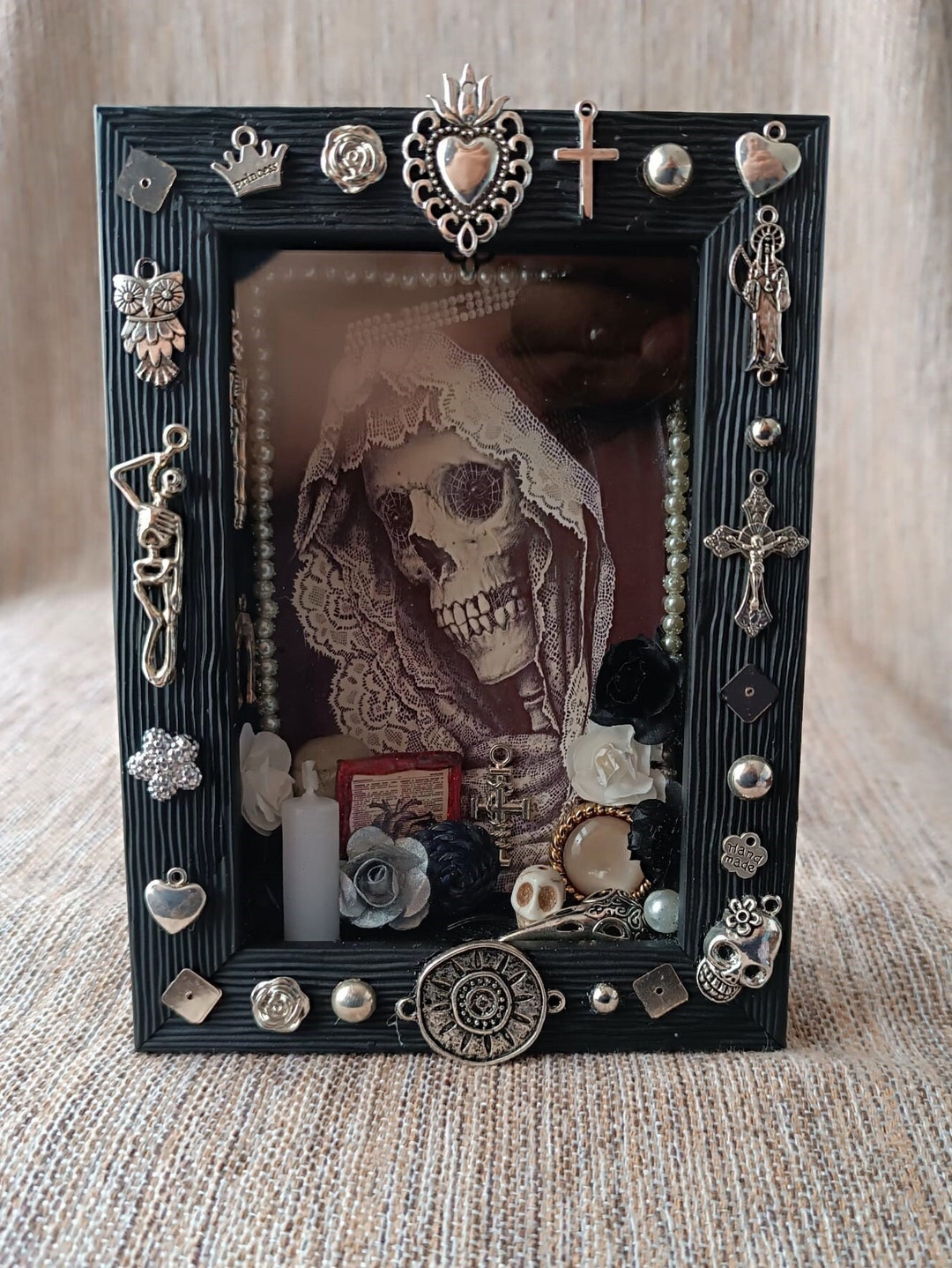 Santa Muerte Table Altar Painting, Black Santa Muerte Travel Altar ...