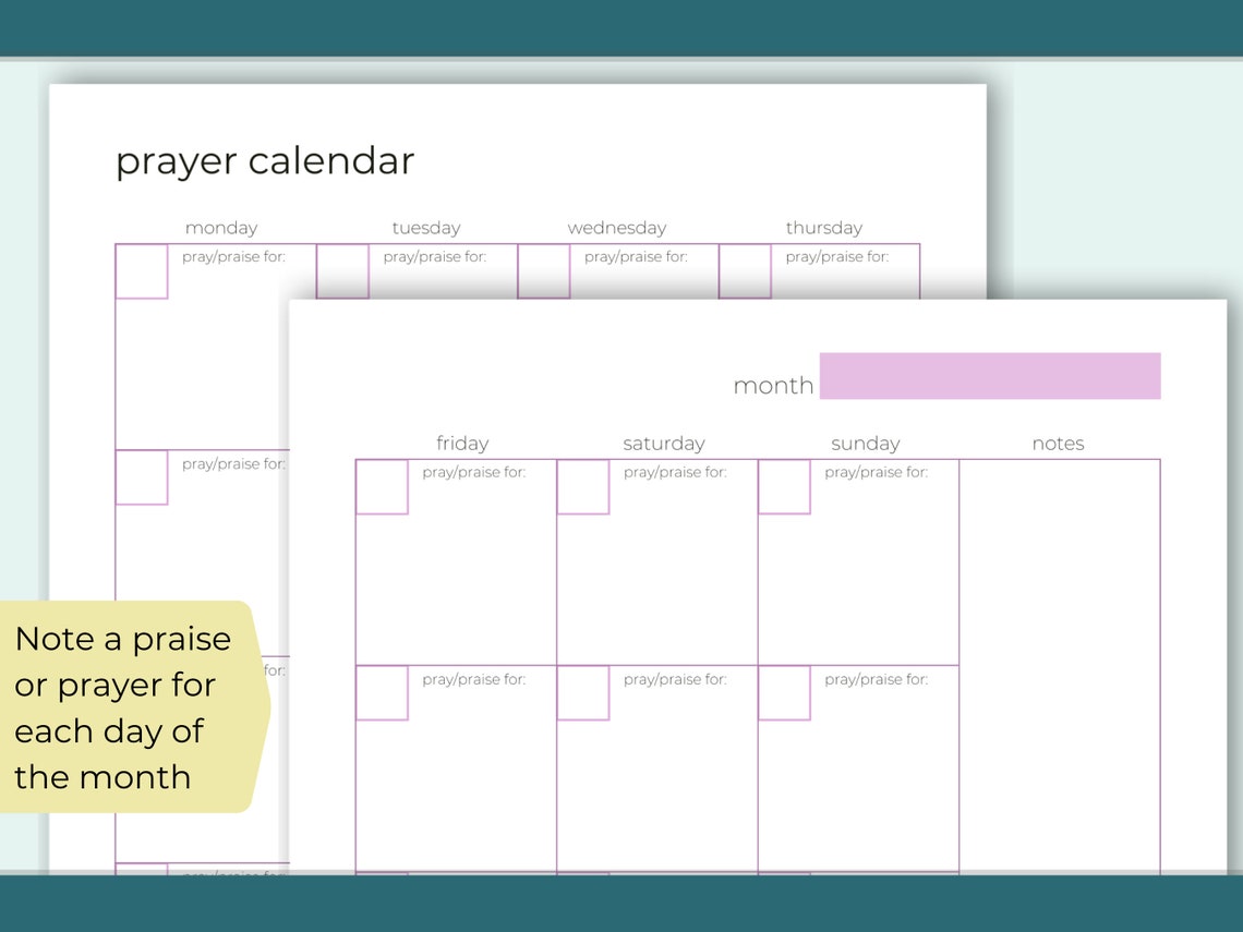 Prayer Calendar (2 Pages) | Prayer Planner, Monthly Calendar, Journal ...