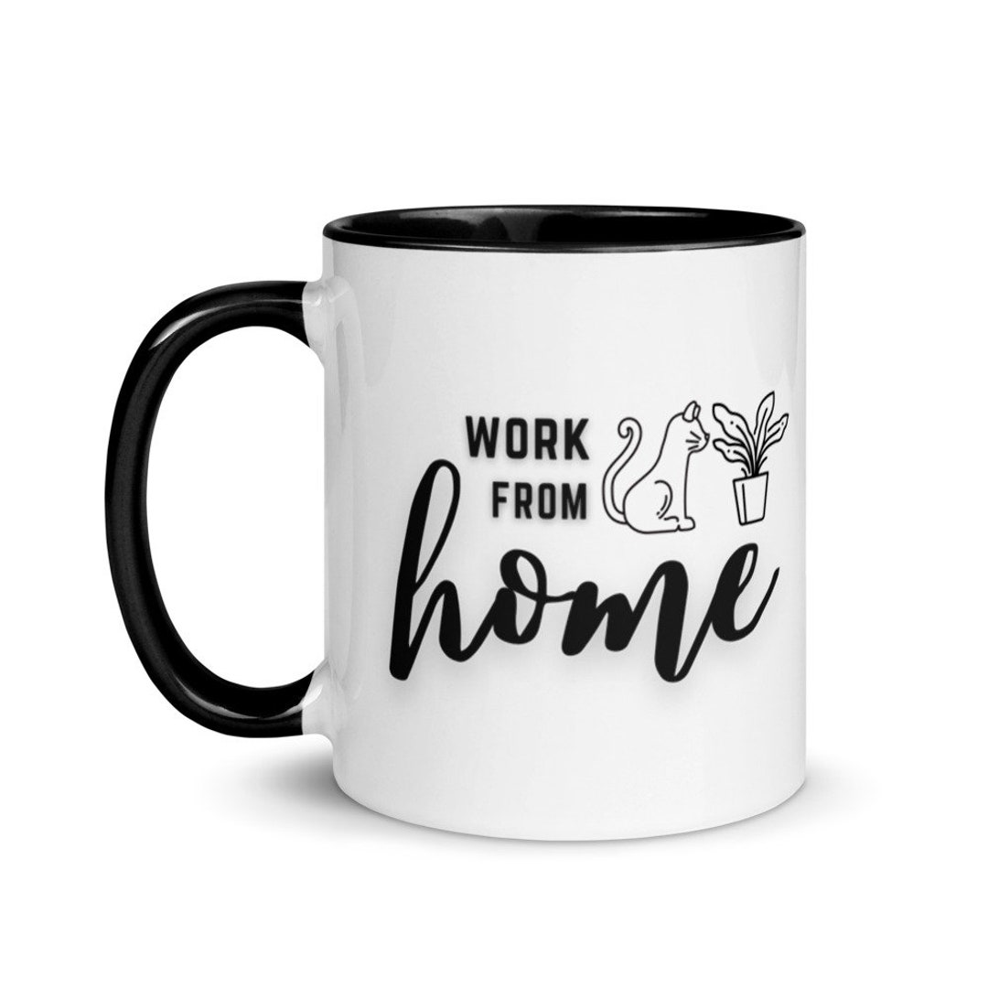 Work From Home Coffee Mug With Cat and Plant - Etsy